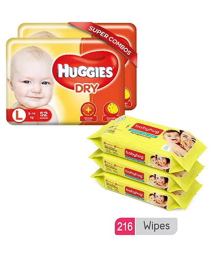 Buy Huggies New Dry Diapers Large - 104 Pieces & Babyhug Premium Baby ...