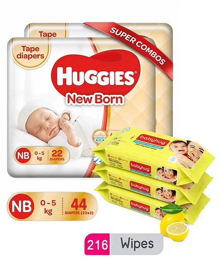 Buy Huggies New Born Tape Diapers Pack of 2 - 22 Pieces Each & Babyhug ...