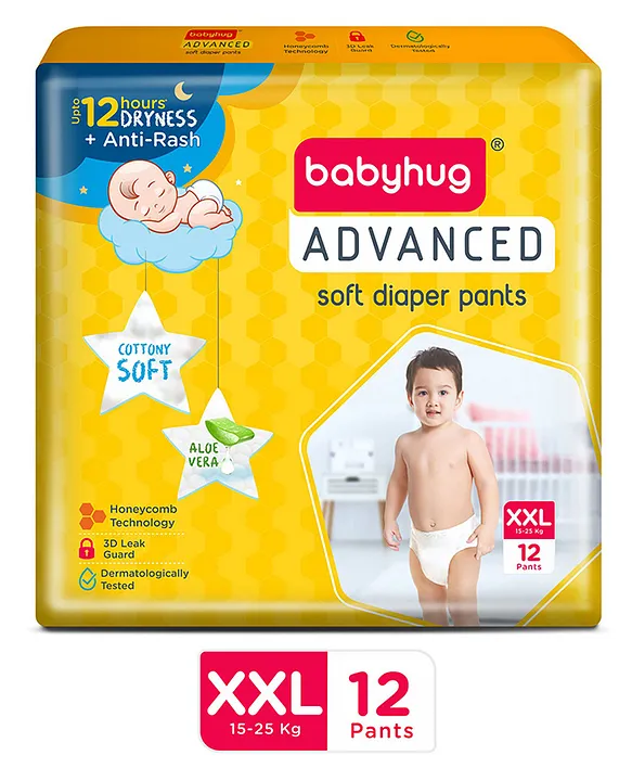 Babyhug Advanced Pant Style Diapers XXL 12 Pieces Honeycomb Technology Cottony Soft Diaper with 3D Leak Guard Latex Alcohol Free Antirash Gentle Online in India Buy at Best Price from
