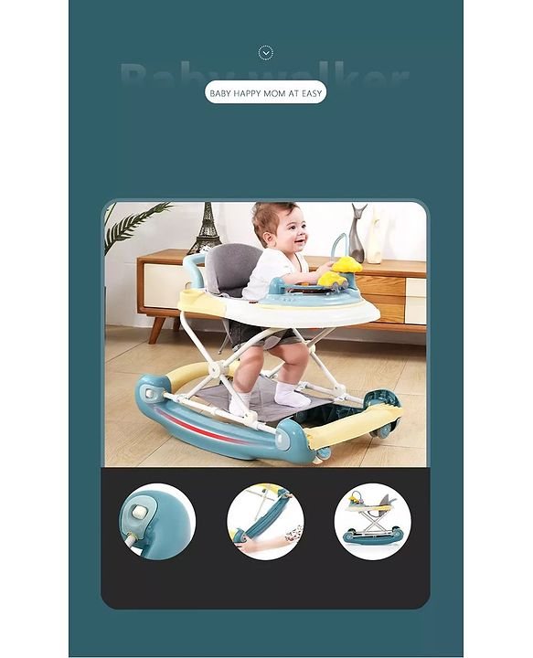 Babyhug Unicorn Foldable Baby Walker Cum Rocker With Sun Shade - Blue
