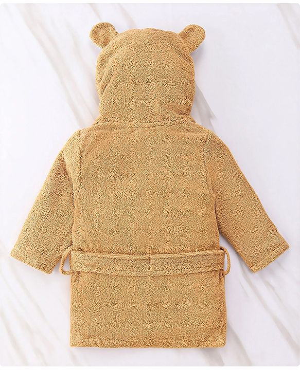 Babyhug Full Sleeves Hooded Bear Bath Robe With 3D Ears - Brown