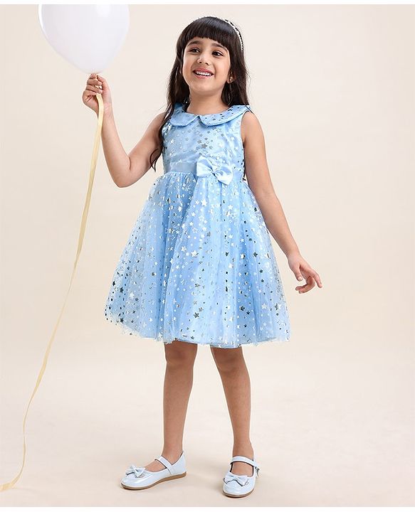 Babyhug Sleeveless Party Wear Star Embellished Mesh Frock - Light Blue