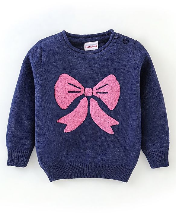 Babyhug Knit Full Sleeves Sweater Bow Design- Navy Blue & Pink