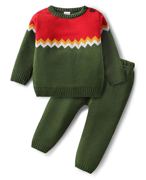 Babyhug Knitted Full Sleeves Sweater Set With Color Block Design - Dark ...