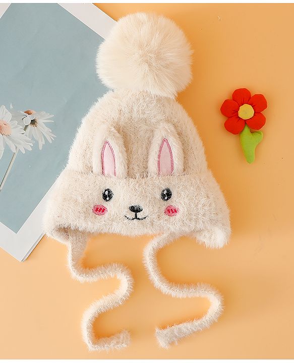 Babyhug Woollen Cap With Bunny Design & Knot Beige Diameter 12 cm