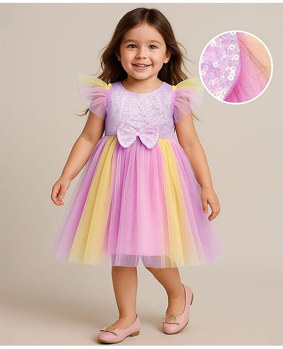 Babyhug Woven Frill Sleeves Party Dress With Sequinned Yoke & Bow Applique - Lavender