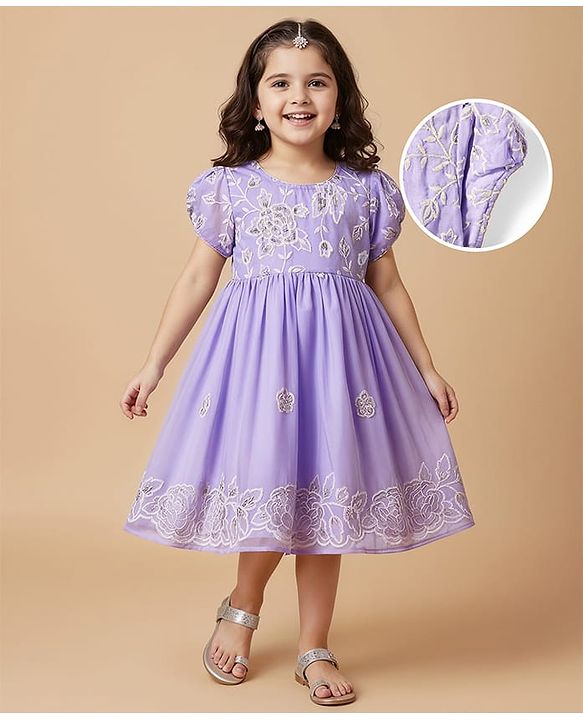 Babyhug Woven Full Length Half Sleeves Ethnic Dress With Floral Embriodery - Lavender