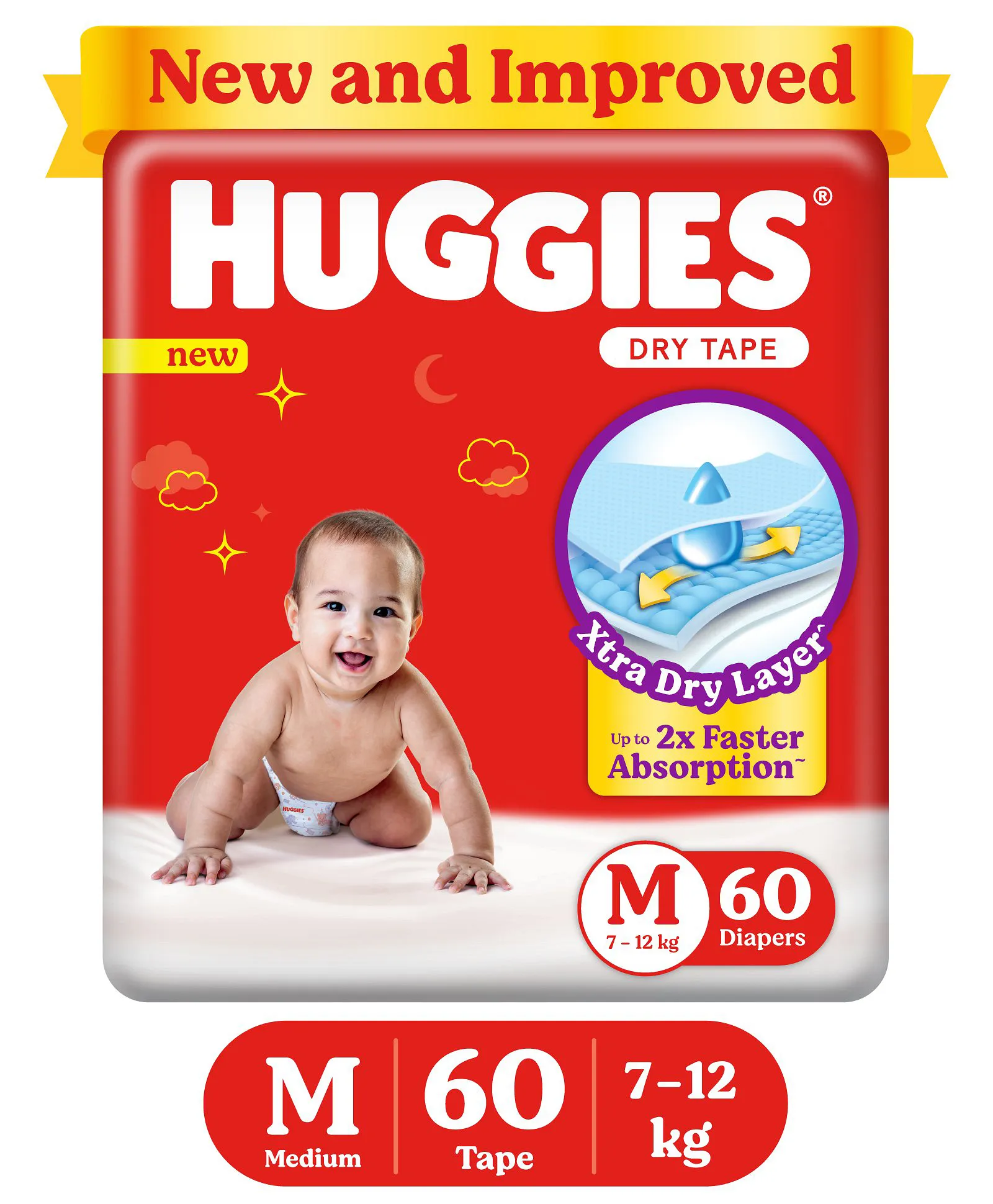 Buy Huggies New Dry Taped Diapers Medium - 60 Pieces (Pack of 2) Online ...