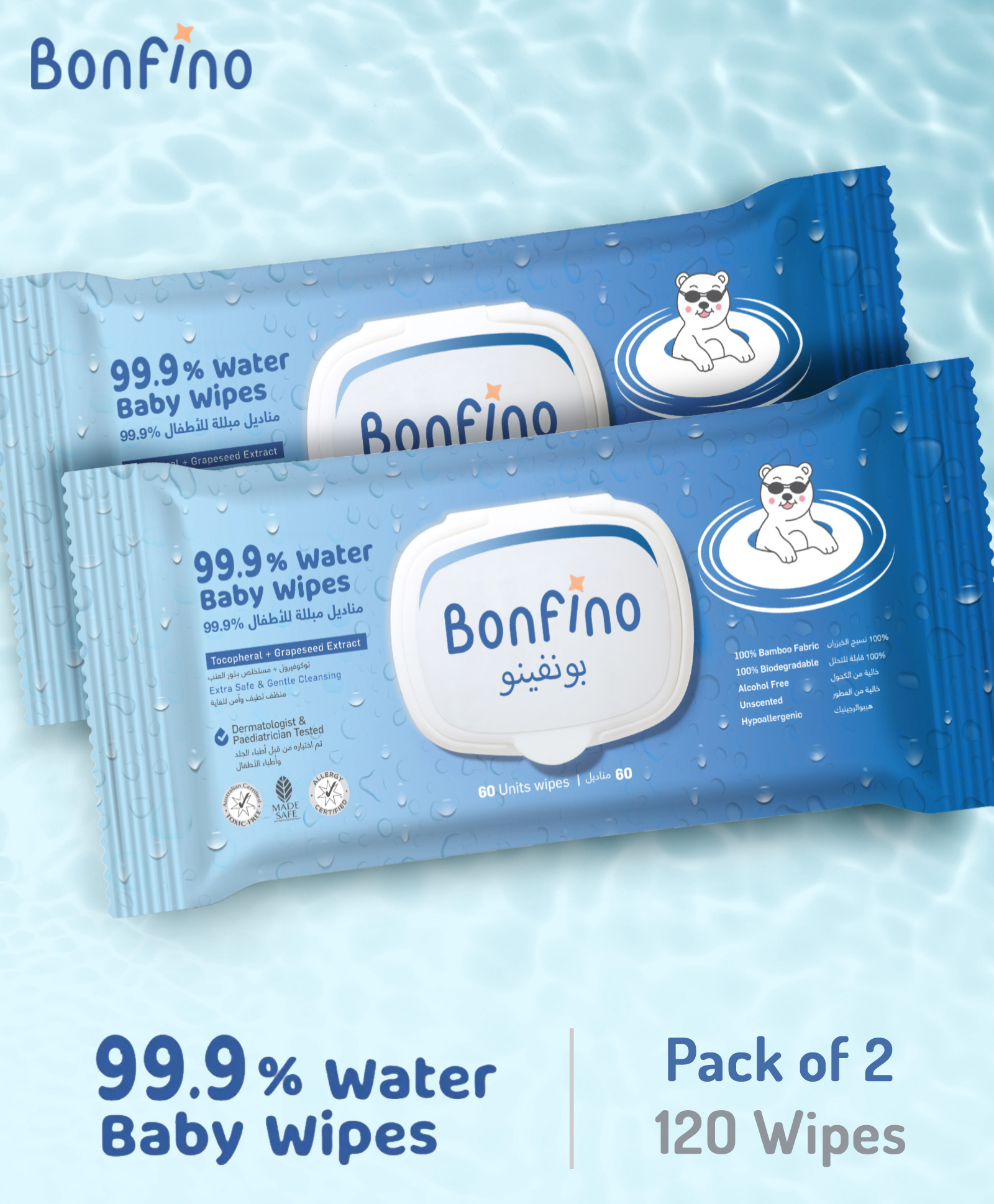 Buy Bonfino 99.9% Water Baby Wipes 60 Pieces - Pack of 2 Online at ...