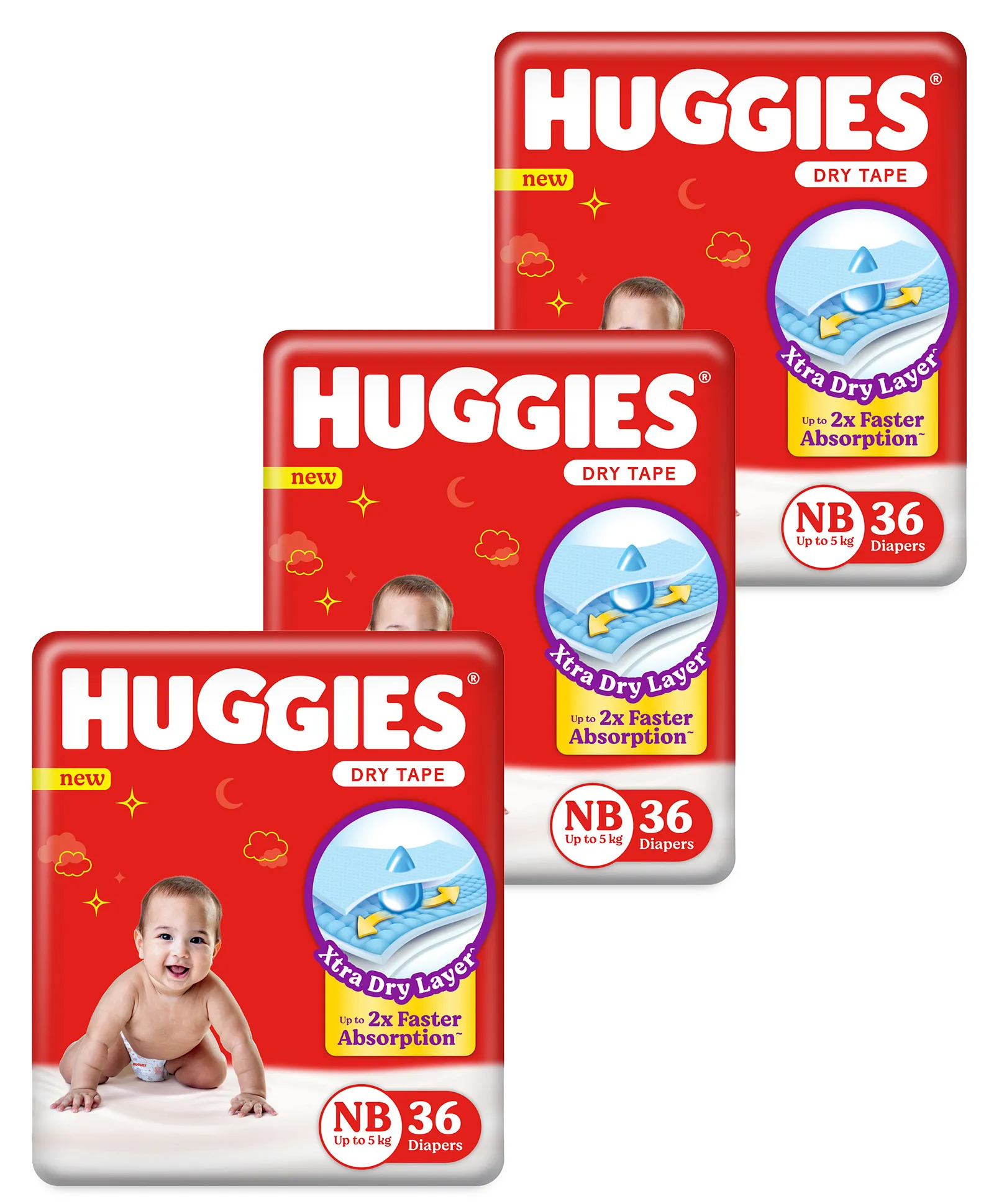 Buy Huggies Dry Tape Diapers New Born Size 36 pcs and Huggies Dry Tape ...