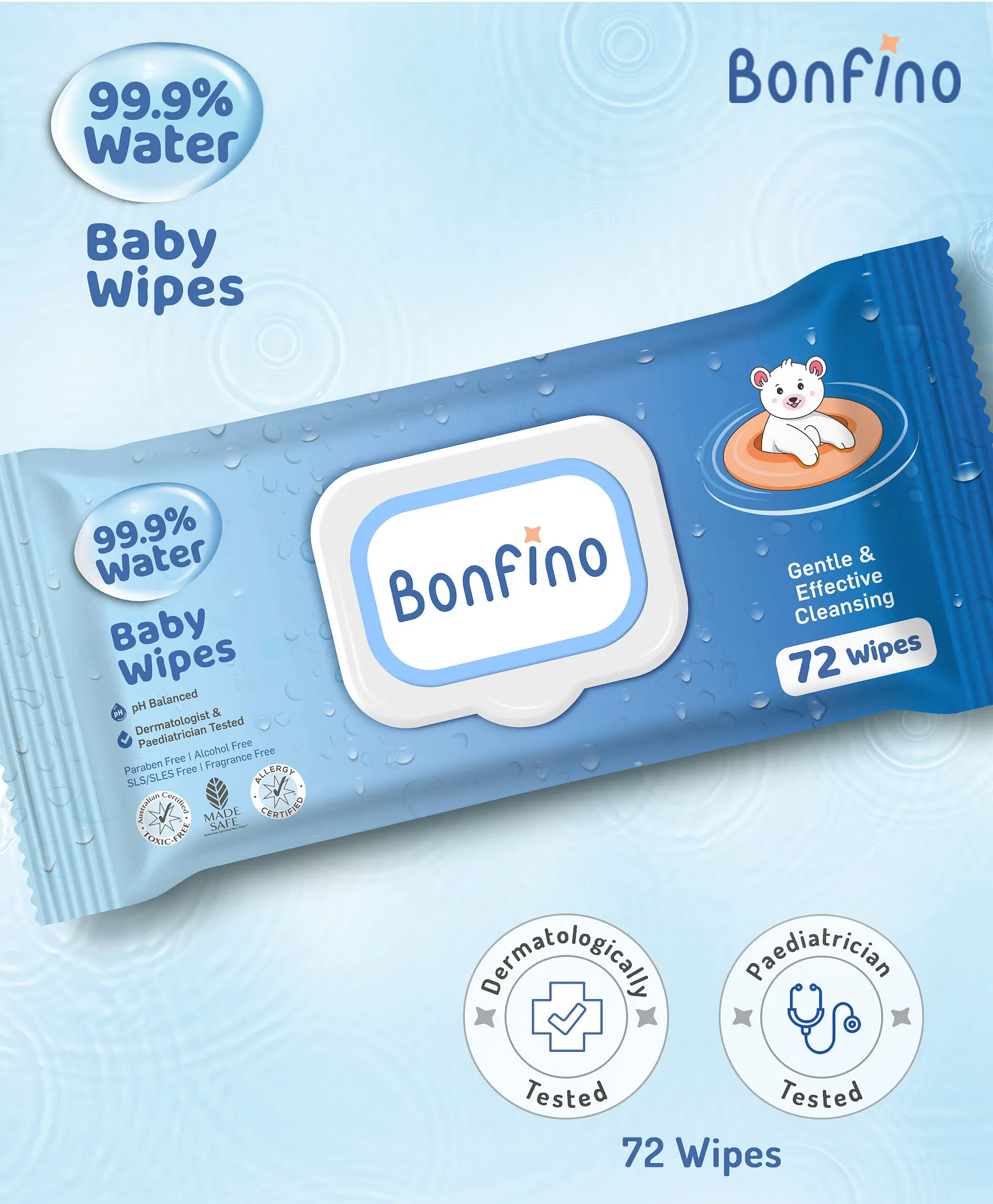 Buy Bonfino 99.9% Water Baby Wipes Pack of 3 - 72 Pieces Each Online at ...