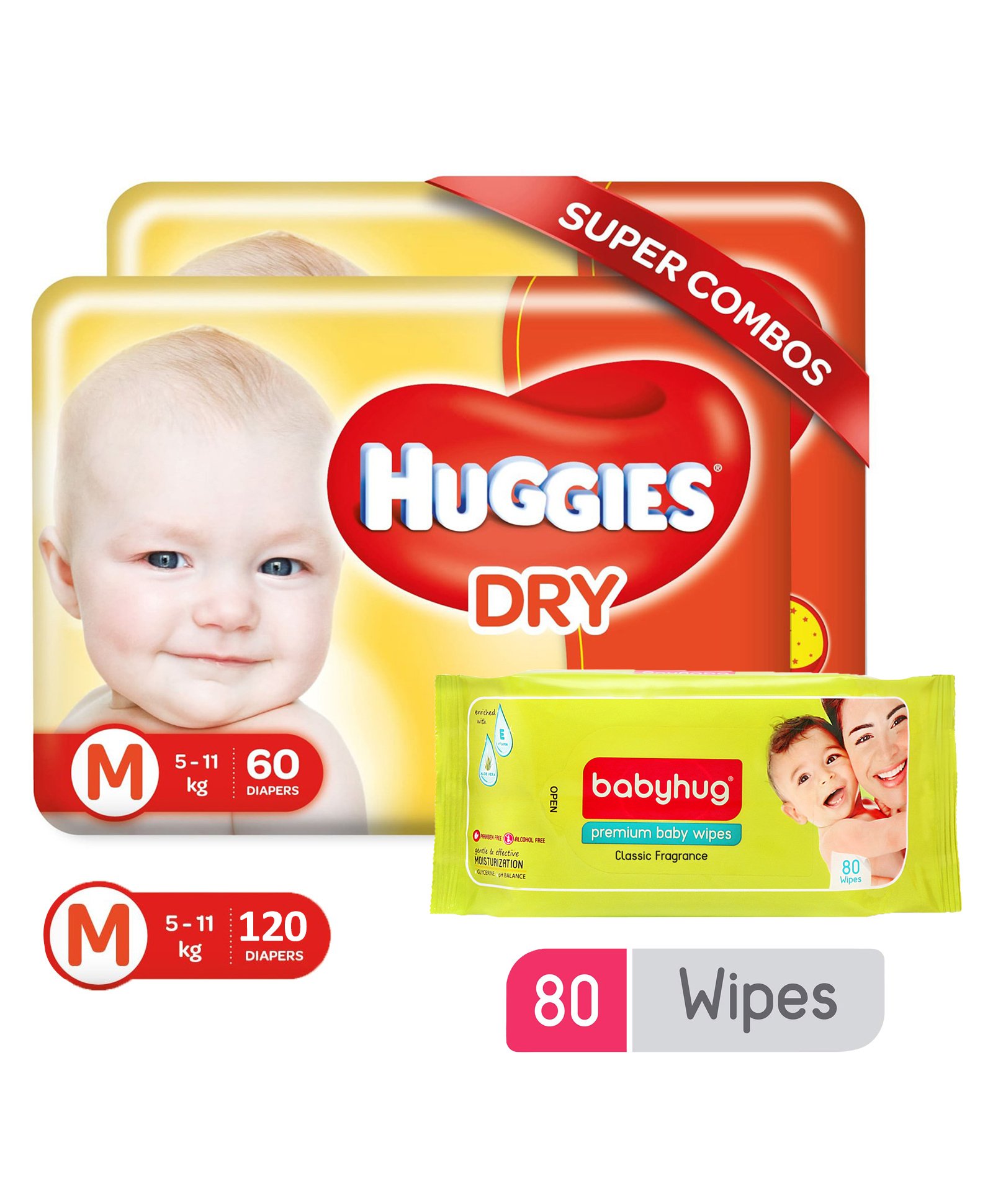 Buy Huggies New Dry Diapers Medium - 120 Pieces & Babyhug Premium Baby ...
