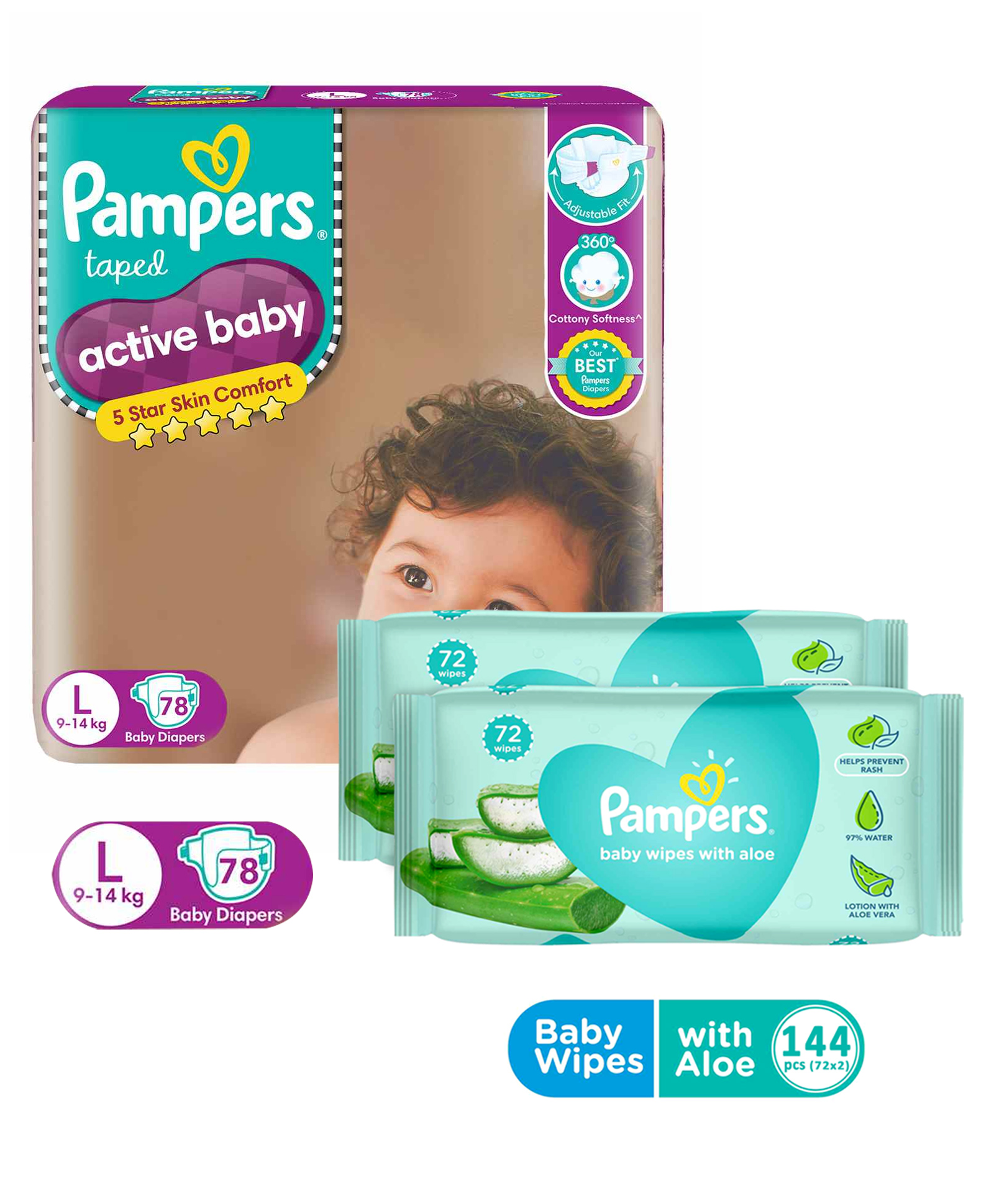 Buy Pampers Active Baby Diapers Large - 78 Pieces & Pampers Baby Wipes ...